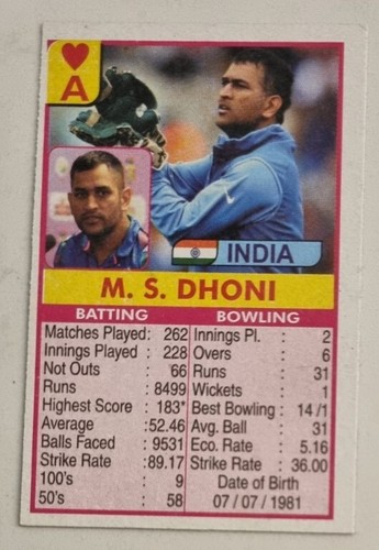 Very Rare MS Dhoni Data playing / trading card cricket India Legend M.S ...