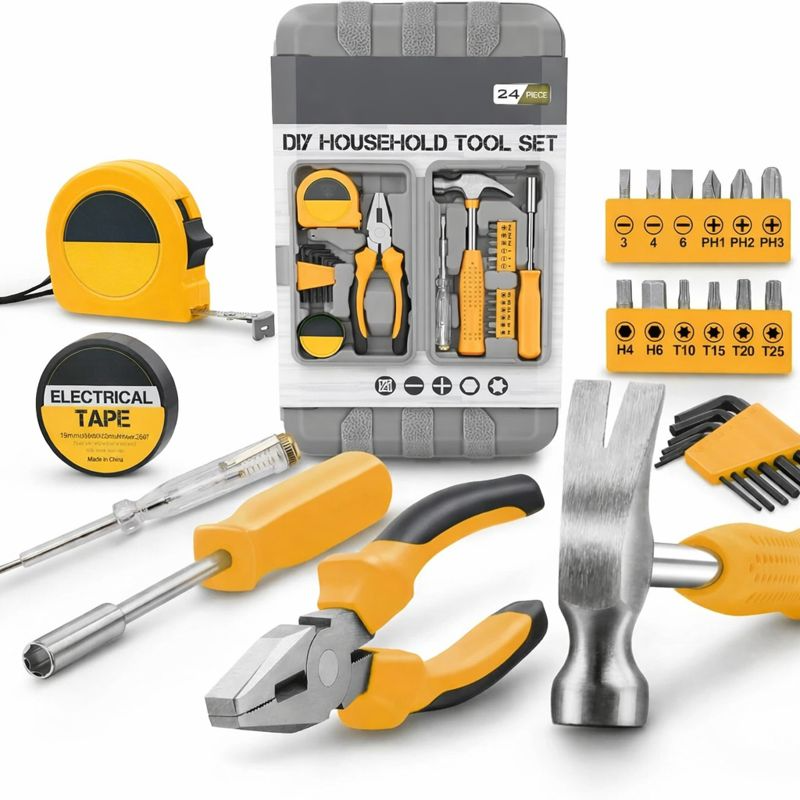 Small Mini DIY Household Yellow Tools Kit Set 24 Pc With Tool Box | eBay UK