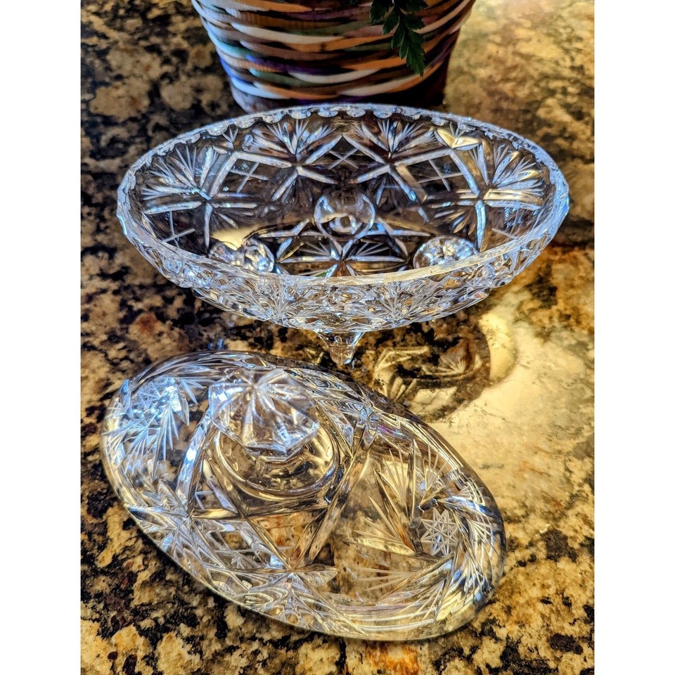 Lead Crystal Candy Trinket Dish with Lid Starburst Pattern Footed Bowl ...