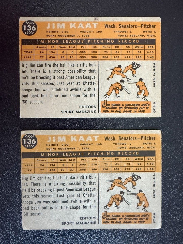 1960 Topps: Jim Kaat, SENATORS #136 - HOF Rookie, TWO | eBay