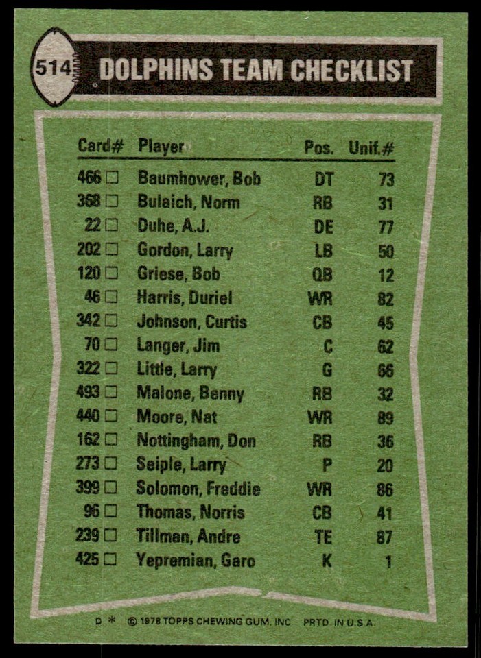 1978 TOPPS BENNY MALONE/NAT MOORE/CURTIS JOHNSON/A.J. DUHE K MIAMI ...