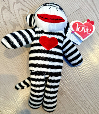 Dan Dee Sock Monkey Plush Black & White Stripes Red Heart Stuffed ...