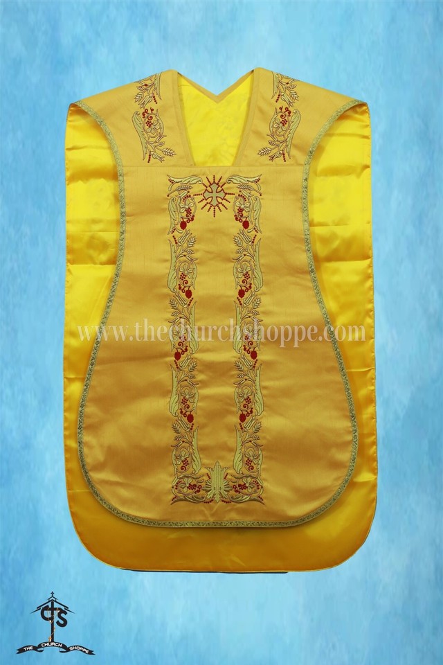 Yellow Roman Chasuble Fiddleback Vestment and Mass set, IHS embroidery ...