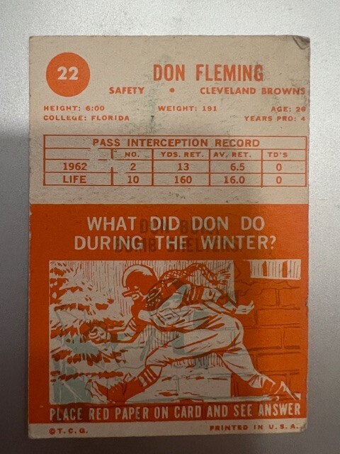 1963 Topps Football - Don Fleming ( Cleveland Browns ) Rookie RC #22 | eBay
