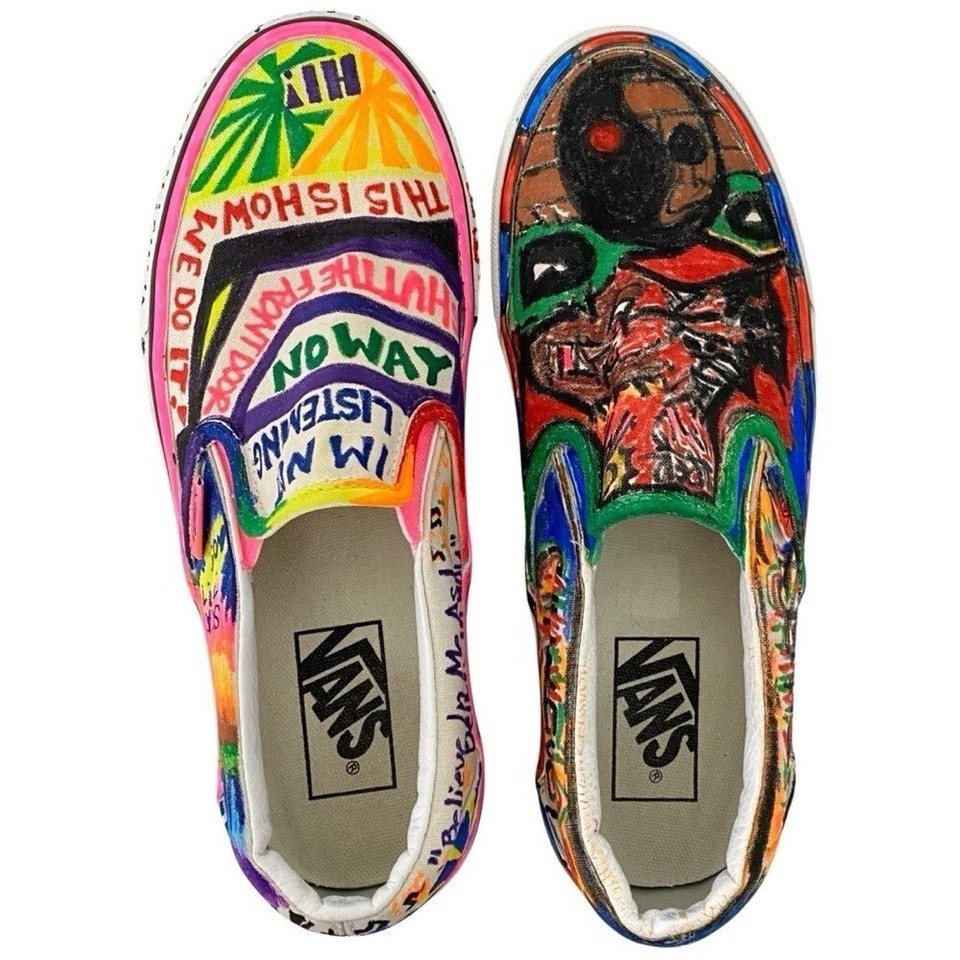 VANS Sneakers Custom Hand Drawn Graffiti Slide On Shoes Women 7.5 Men 6 ...