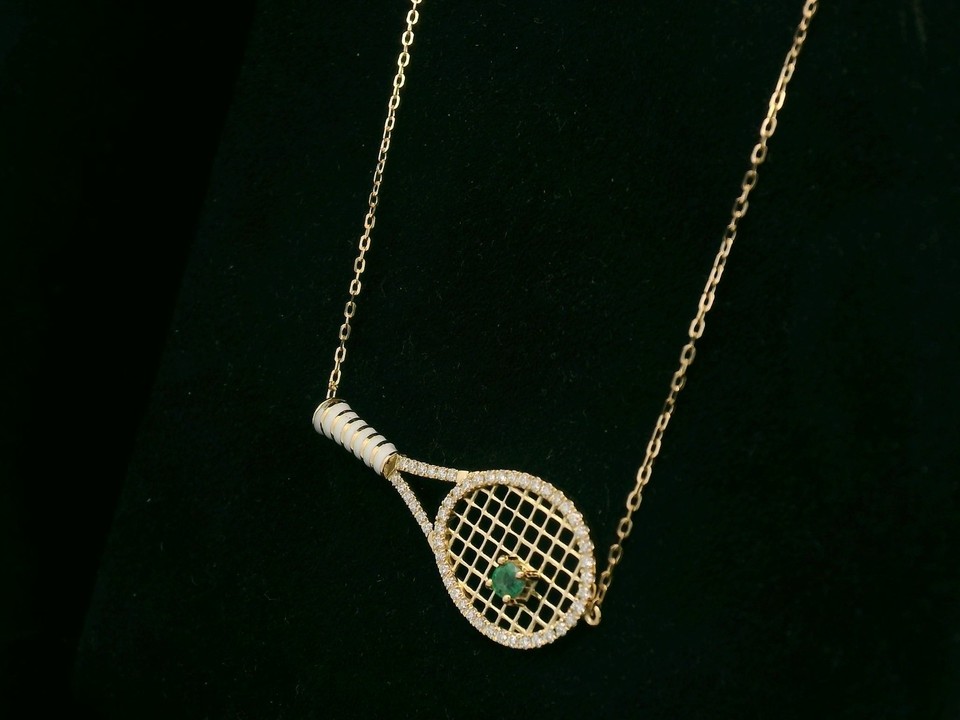 Emerald & Lab Grown Diamond Tennis Racket Pendant Necklace in 18K ...