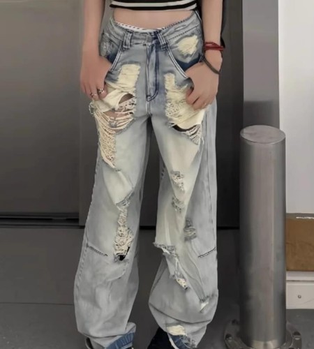Women's Retro Blue Denim Jeans Straight Leg Ripped Holes Pants Trousers ...
