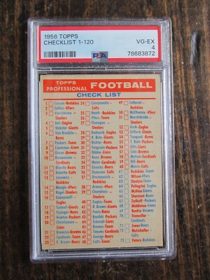1956 Topps Football Checklist Card # 1-120 PSA 4 VG-EX Unmarked Tough ...