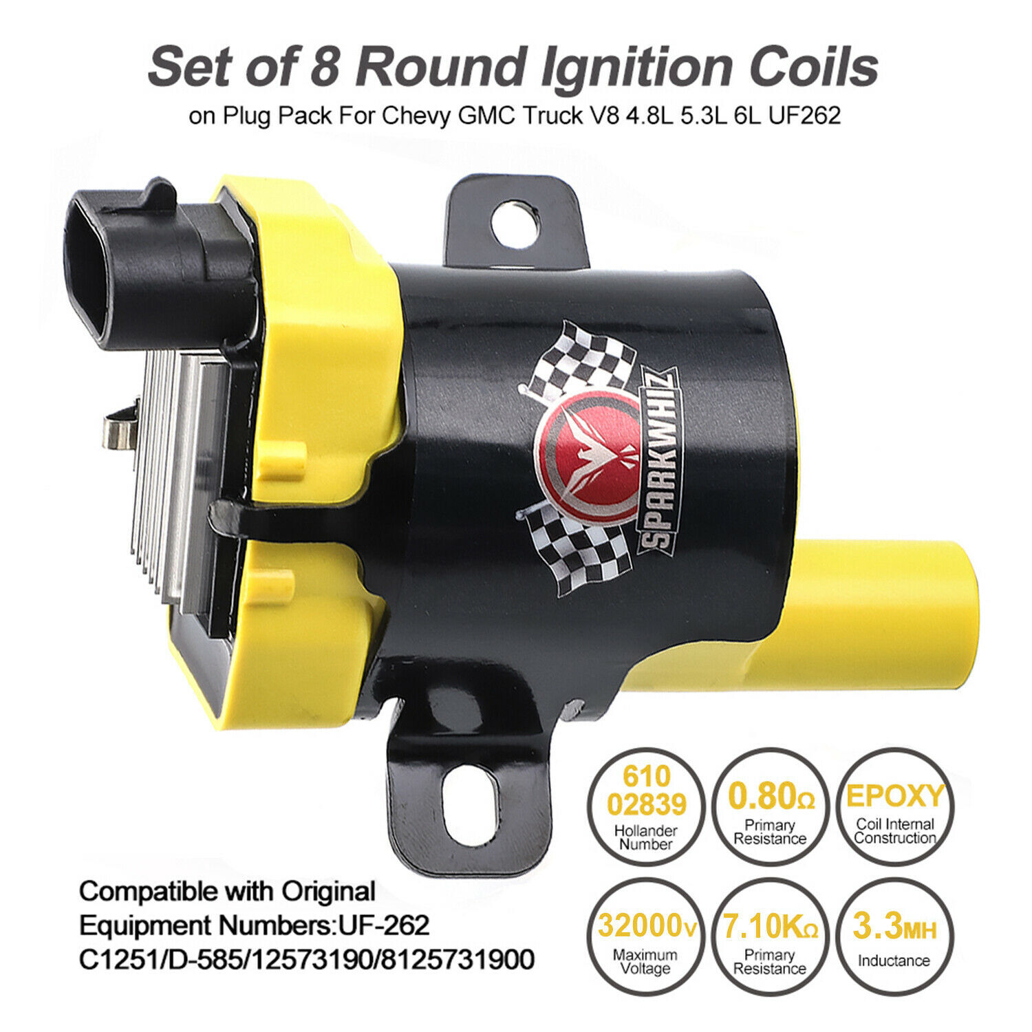 Round Ignition Coil Spark Plug 8Pack For Chevy Silverado GMC LS1 LS3 4. ...