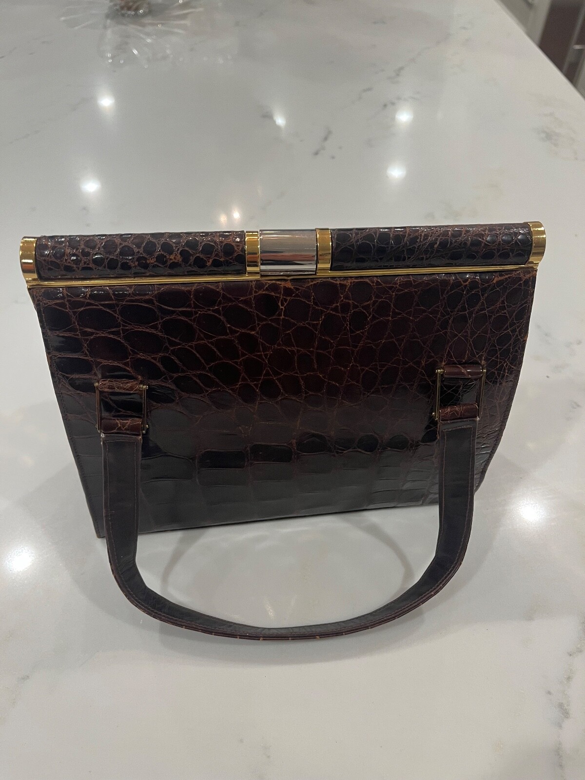 Mark Cross Vintage Alligator Handbag Chestnut Brown with Gold & Silver ...