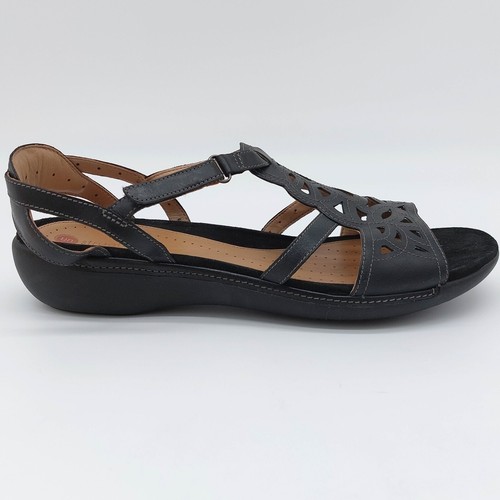 Clarks Unstructured Sandals Womens Sz 12M Black Leather Strappy Cutout ...