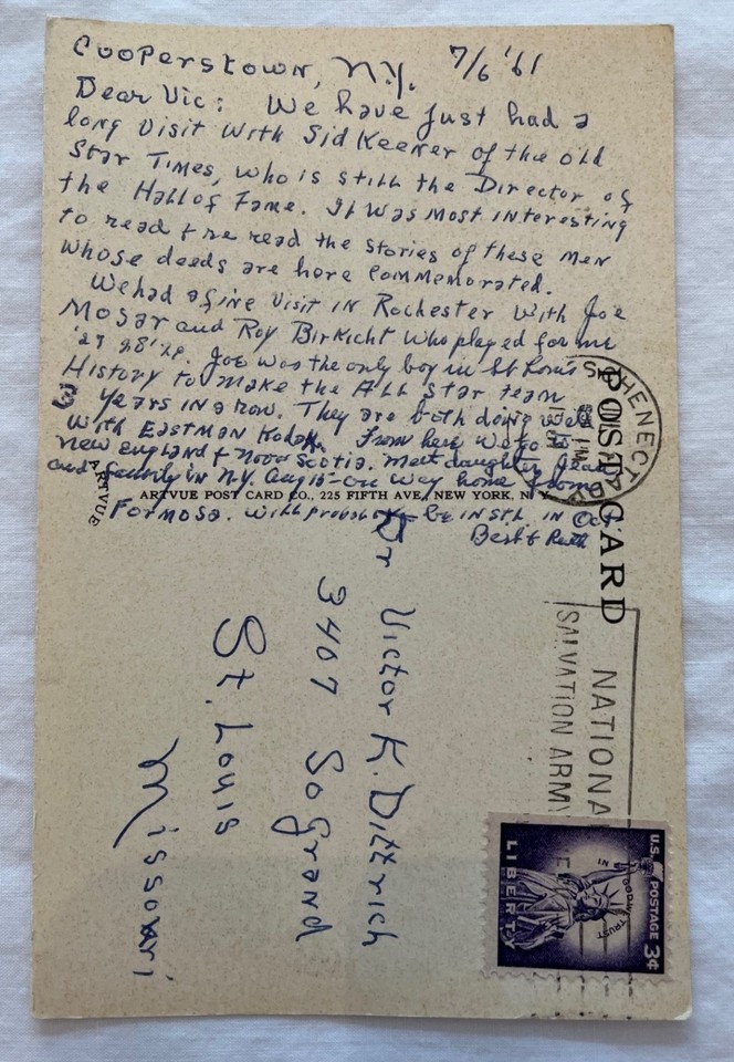 1961 Dizzy Dean Hall of Fame Postcard Signed in Cooperstown, NY by Bob ...