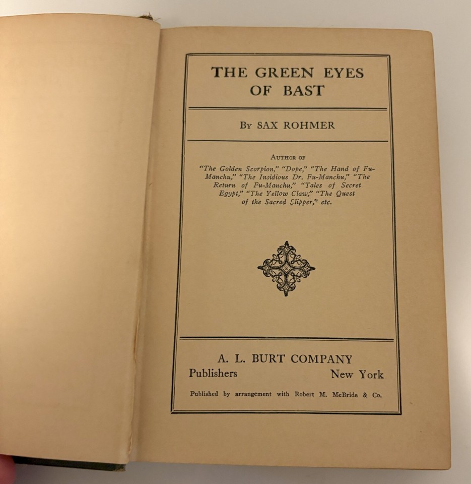 THE GREEN EYES OF BAST By Sax Rohmer -1920 -Hardcover Vintage Classic ...