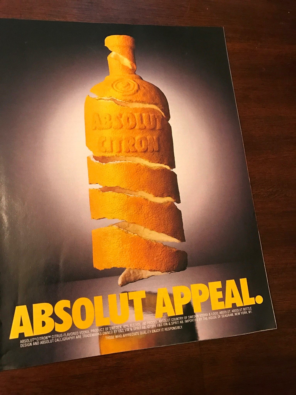 1996 VINTAGE 8X10.5 PRINT Ad FOR ABSOLUT APPEAL CITRON CITRUS VODKA ...
