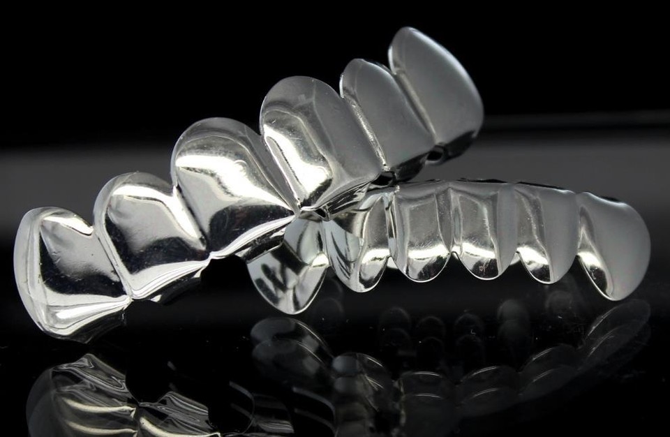 Custom Fit Silver Plated Joker Teeth Grillz Caps Top & Bottom Set Grill ...