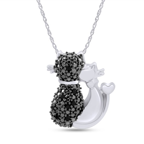 Real Black Diamond Cat With Kitten Pendant Necklace 18" in 925 Sterling ...