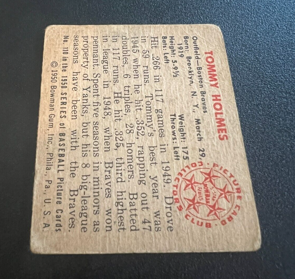 SIGNED BASEBALL CARD AUTO VTG BOWMAN 1950 BOSTON BRAVES TOMMY HOLMES D ...