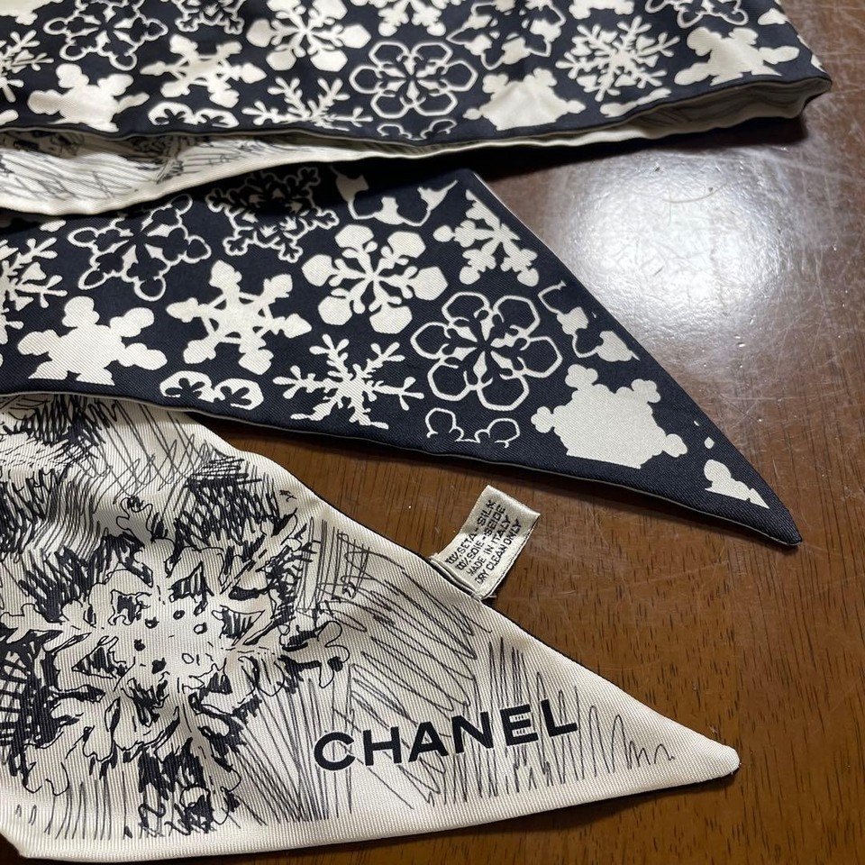Used CHANEL silk ribbon scarf snowflake pattern | eBay Australia