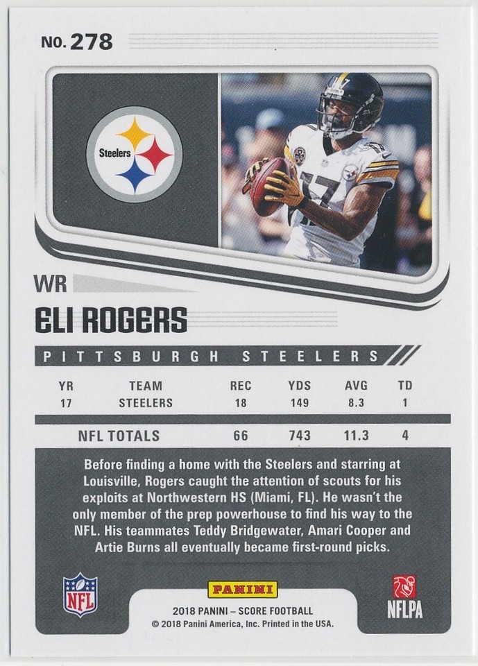 Eli Rogers - Pittsburgh Steelers - 2018 Panini Score Football - Base ...