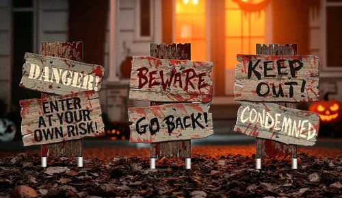 NEW RARE 3 Piece Scary Outdoor Yard Signs with Metal Stakes Halloween ...