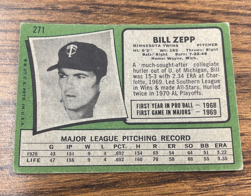 1971 TOPPS # 271 BILL ZEPP MINNESOTA TWINS | eBay