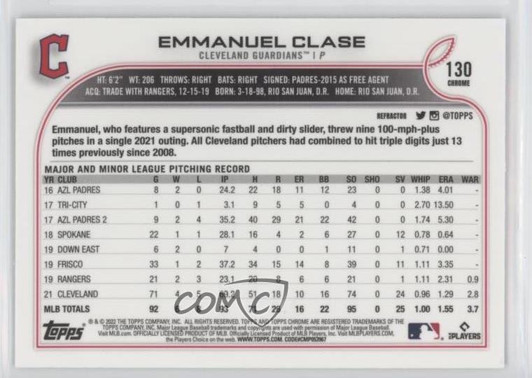 2022 Topps Chrome Refractor Emmanuel Clase #130 0m4q | eBay