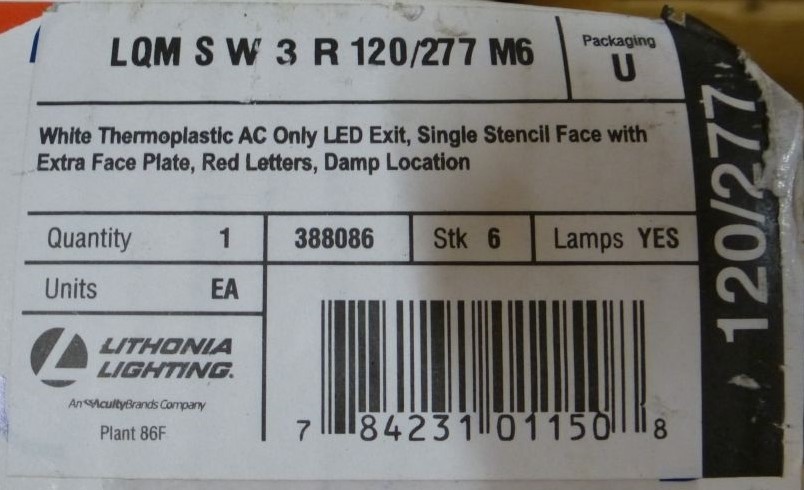 ACUITY LITHONIA Thermoplastic LED SAFETY FIRE Exit Sign LQM S W 3 R 120 ...