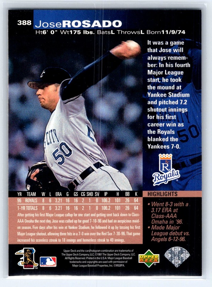 1997 Upper Deck #388 Jose Rosado MLB DEBUT Kansas City Royals | eBay
