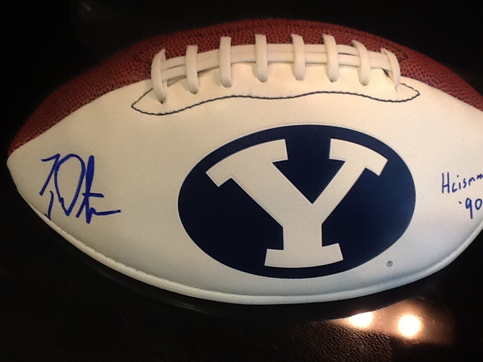 Ty Detmer Signed BYU Cougars Football w/ Heisman Inscription Mormon QB ...