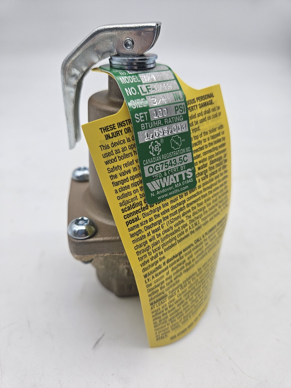 WATTS Boiler Pressure Relief Valve, 1,695,000 BtuH, 100 psi LF174A-100-3/4" | eBay