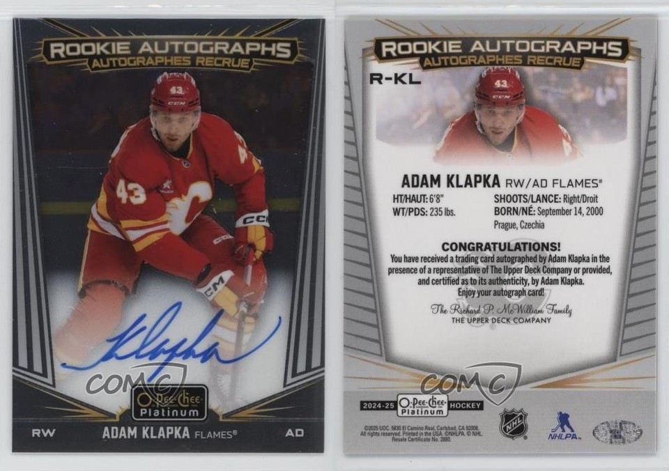2024-25 O-Pee-Chee Platinum Rookie Auto Adam Klapka #R-KL Auto 6q0 ...