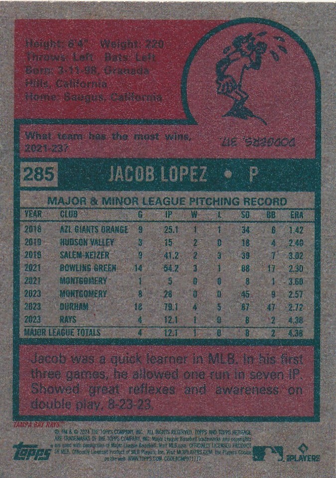 #285 JACOB LOPEZ 2024 Topps Heritage Baseball RC TAMPA BAY RAYS | eBay