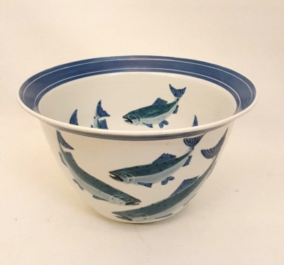 Studio art pottery bowl salmon swimming artisan made signed amazing ...