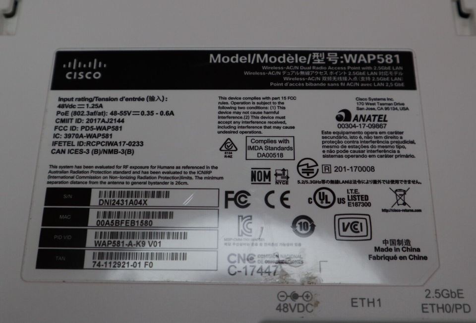 Cisco WAP581 802.11ac Premium Dual Band 4x4 Wireless Access Point ...