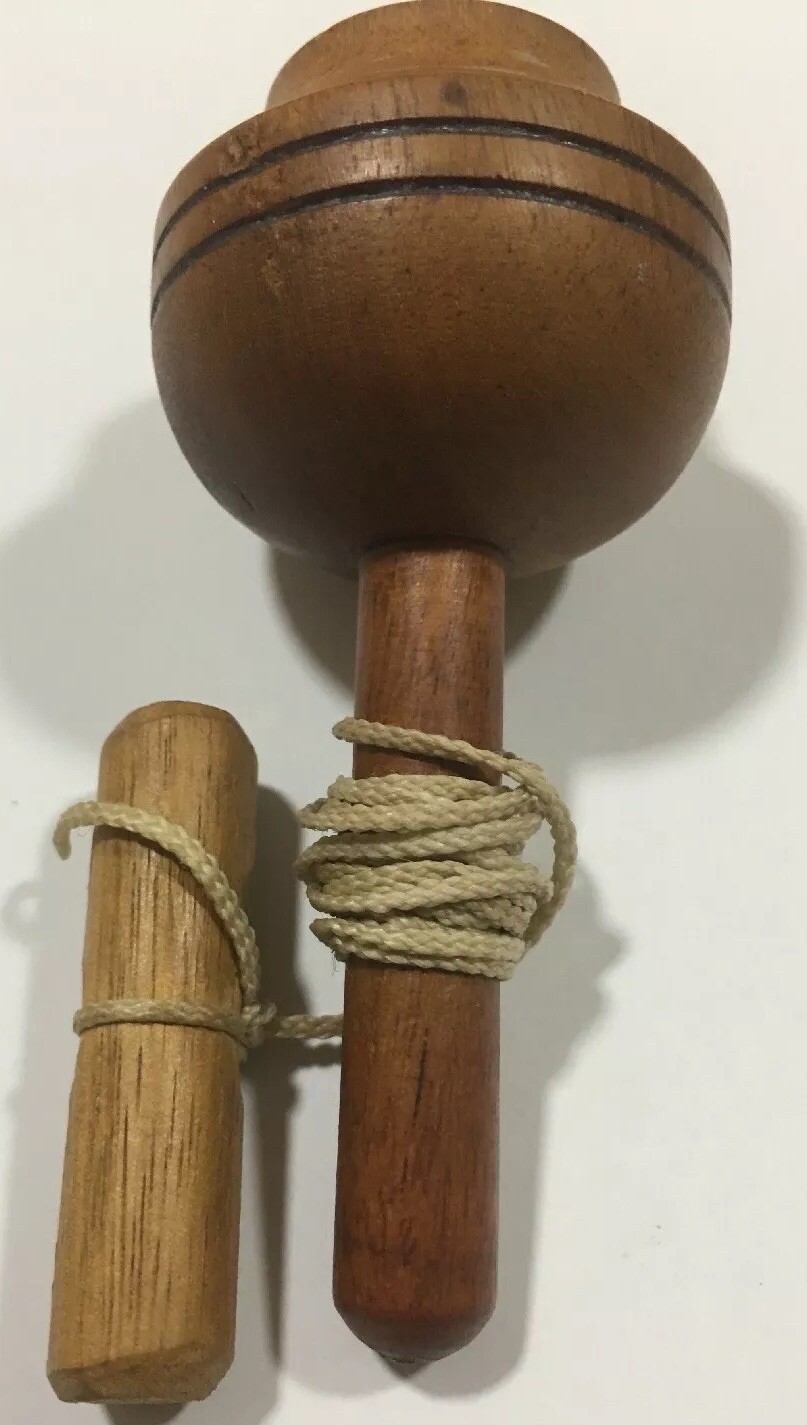 Wooden String Pull Toy. Spinning Top Game Vintage Wooden Reproduction ...