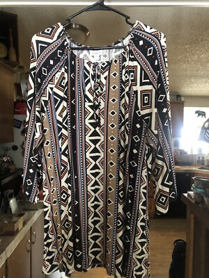 LuLaRoe Debra Geometric 3/4 Sleeve Top With Tie At Neck Brown & Black ...