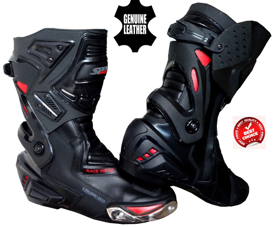 Mens Red & Black CE Motorbike Motorcycle Racing Leather Shoes Long ...