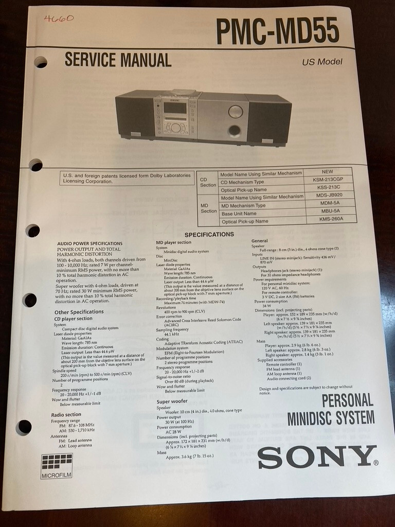 SONY PMC-MD55 MDS-JB920 KSM-213CGP Service Manual FROM THE USA ...