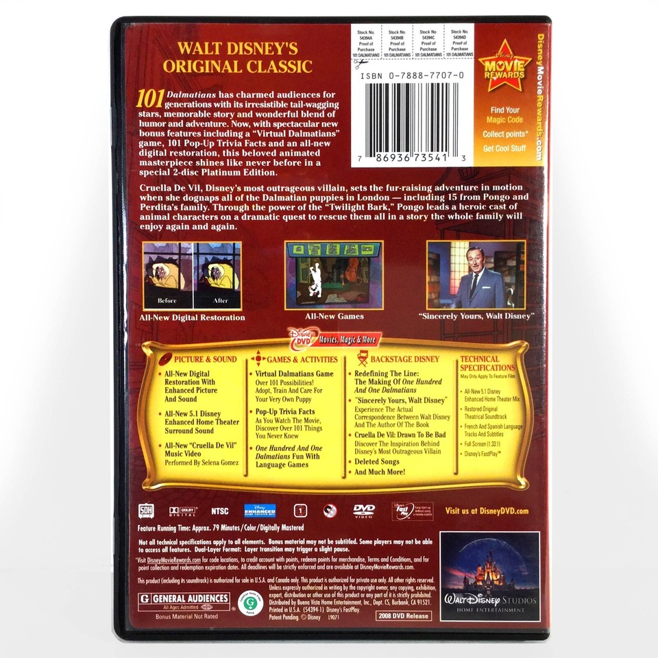 Walt Disney's - 101 Dalmatians (2-Disc DVD, 1961, Platinum Ed) Like New ...