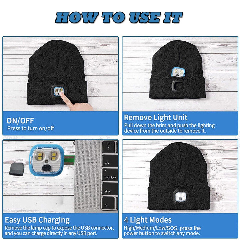 1-3Pc Unisex LED Beanie Hat Light Rechargeable Winter Warm Knitted ...