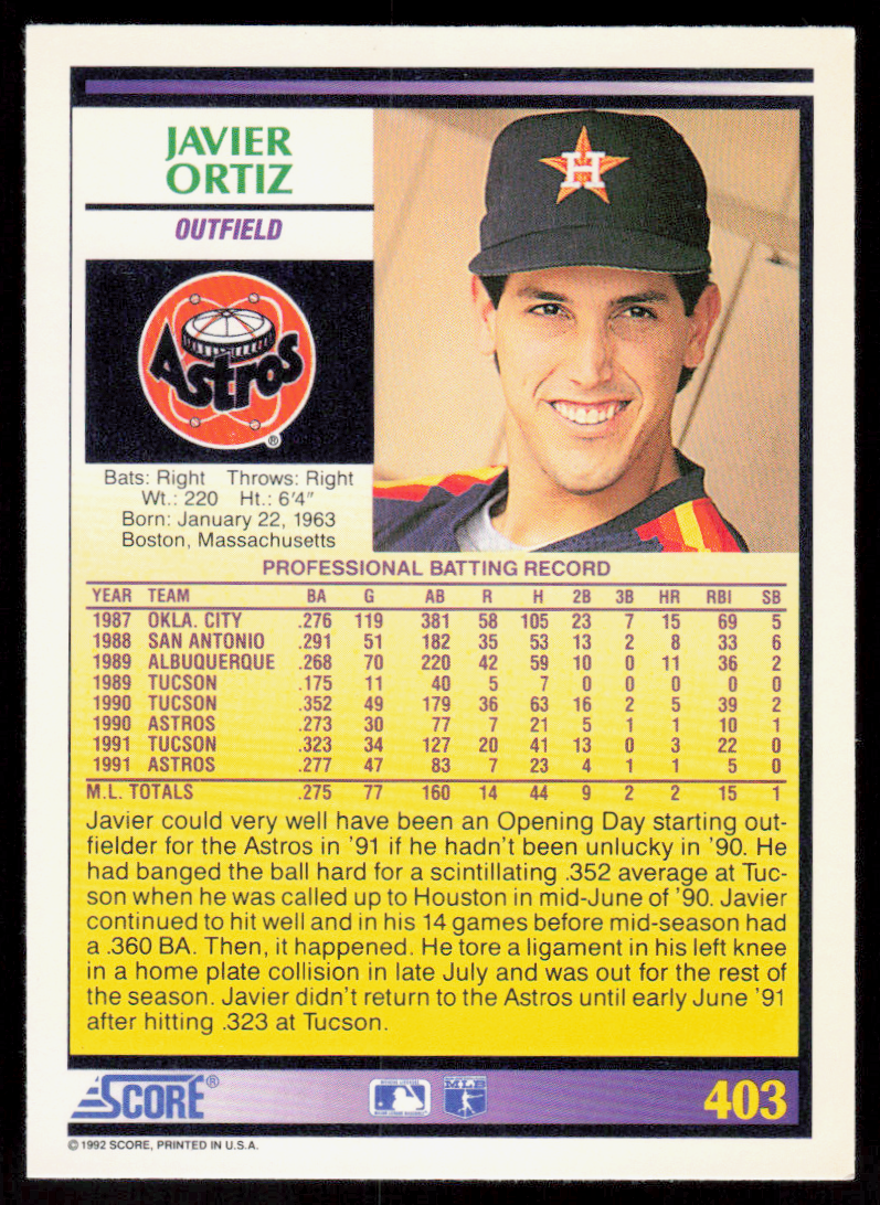 1992 Score - #403 Javier Ortiz, Javier Ortiz for sale online | eBay