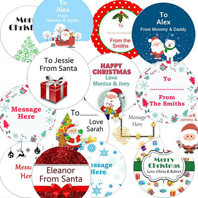 Personalised Christmas stickers Labels, 37mm circle xmas name stickers ...