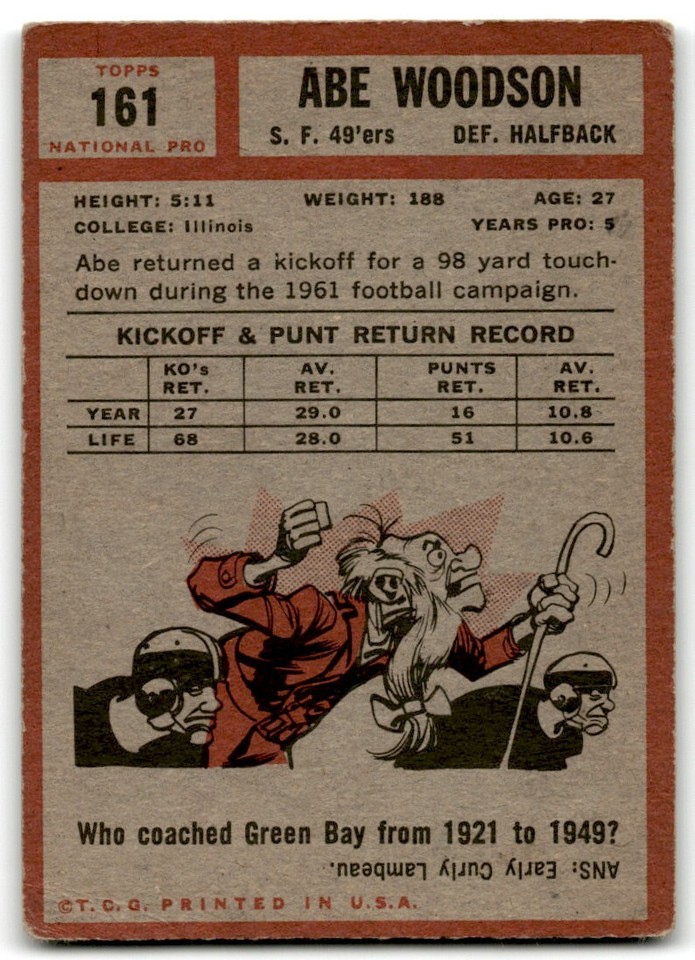 1962 TOPPS ABE WOODSON SAN FRANCISCO 49ERS #161 | eBay