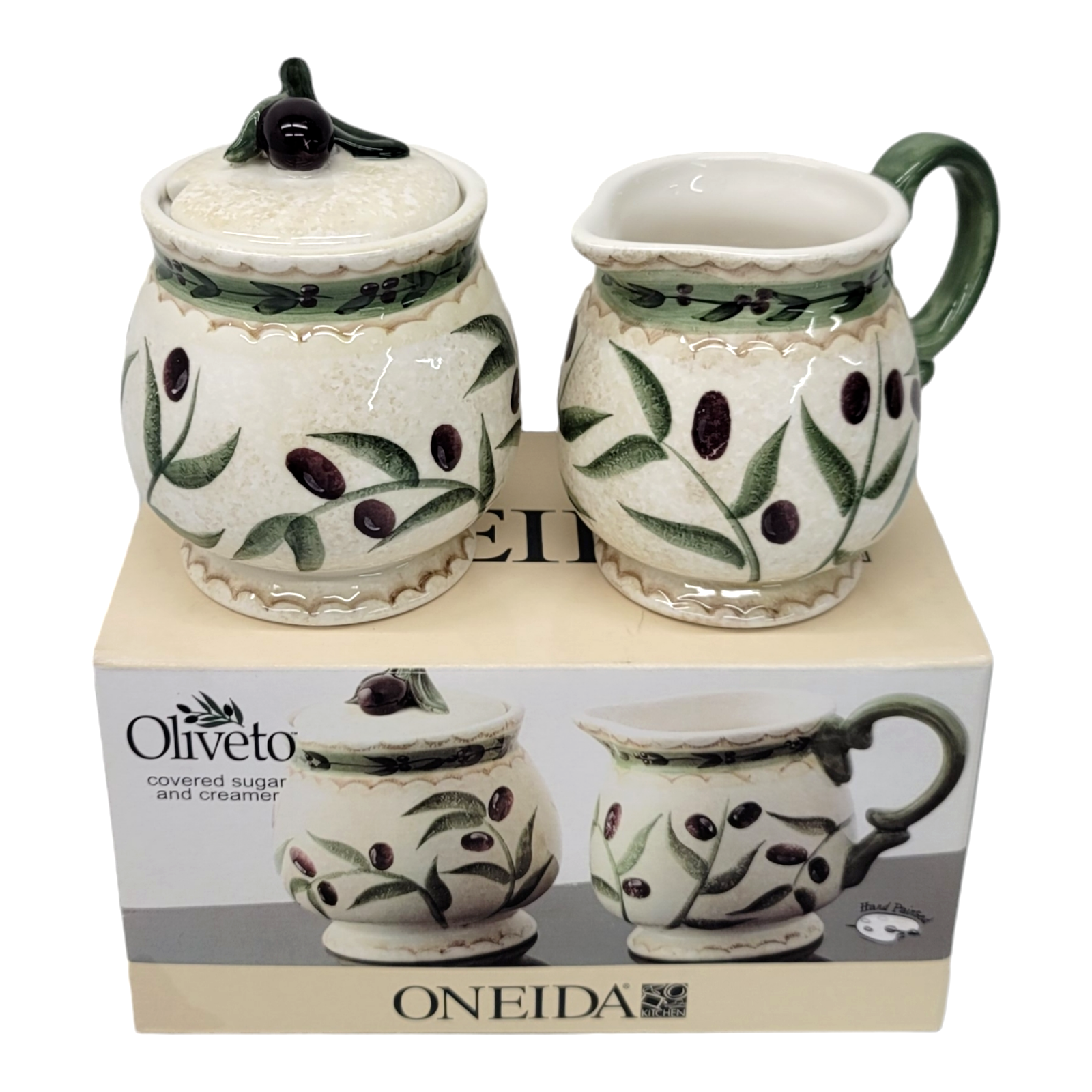 Oneida Kitchen Oliveto Covered Sugar Dish & Creamer Hand Painted ...