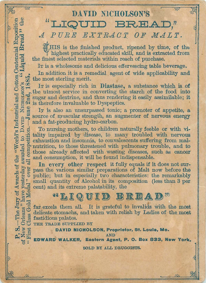 1885 David Nicholson's Liquid Bread Pure Extract of Malt St Louis, MO ...