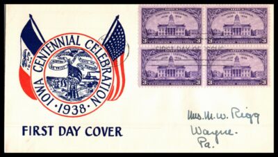 1938 IOWA centennial 100 years Sc 838-5 FDC with Plimpton cachet (10B ...