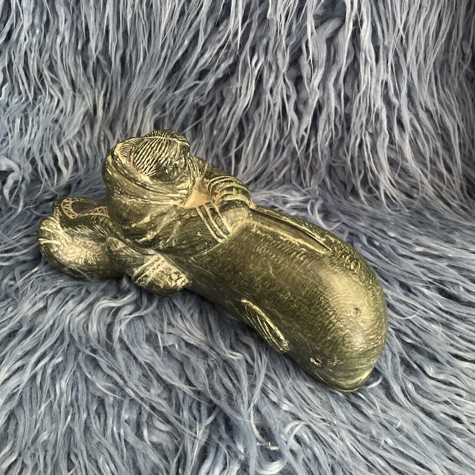 VINTAGE EDMUND WOLF SCULPTURES CANADA CARVED STONE ESKIMO/INUIT RIDING ...