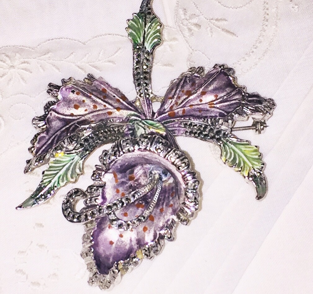 Orchid Brooch Silver Enamel Marcasite Rhodium Lilac F… - Gem