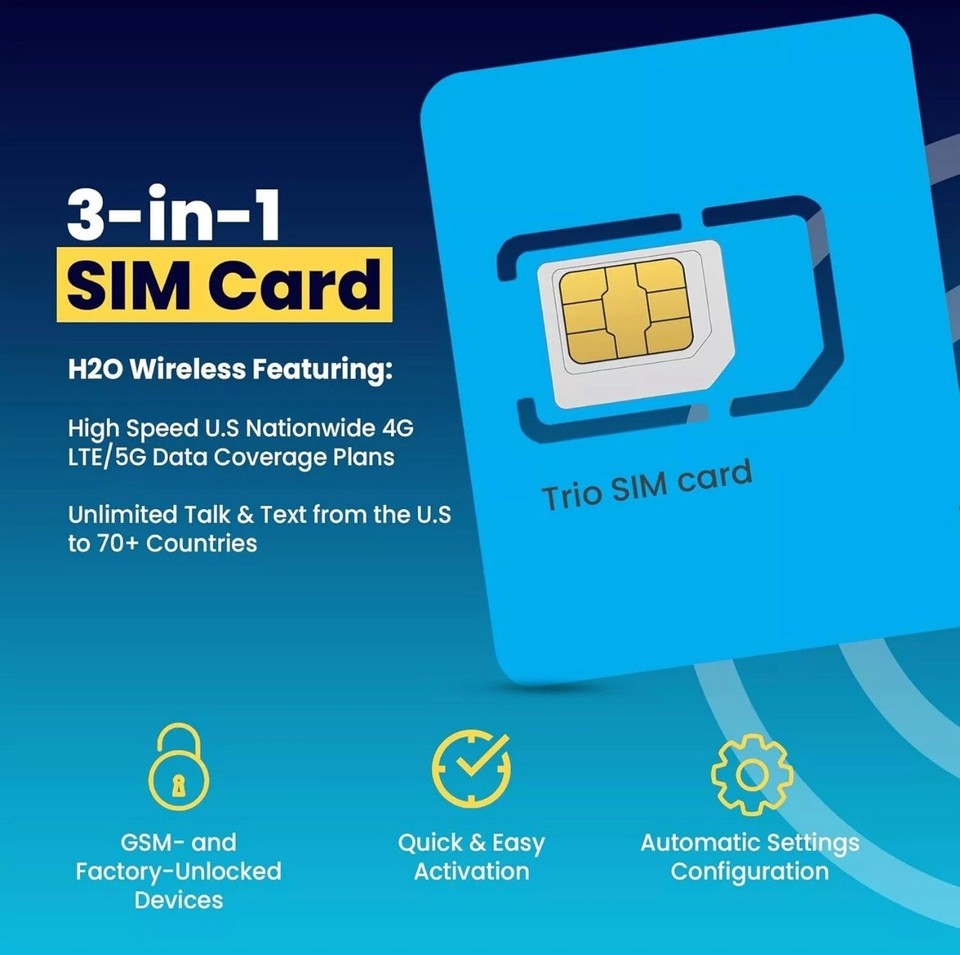 H2O Wireless SIM Card 3 in 1 Standard / Micro/ Nano Sizes Select Your ...