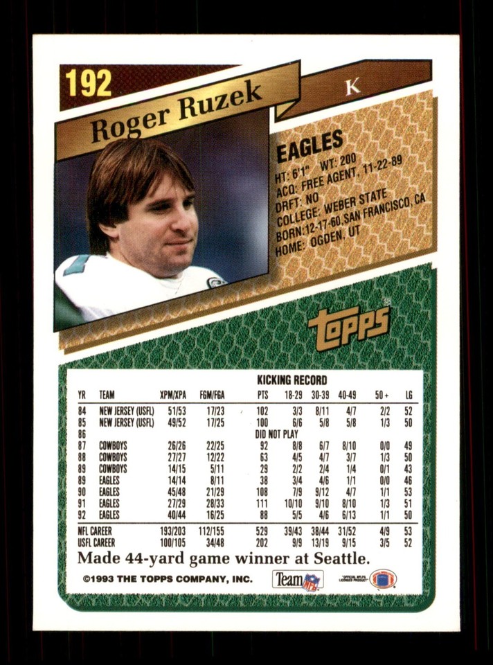 192 Roger Ruzek Roger Ruzek Eagles 1993 Topps Football Sports Trading ...